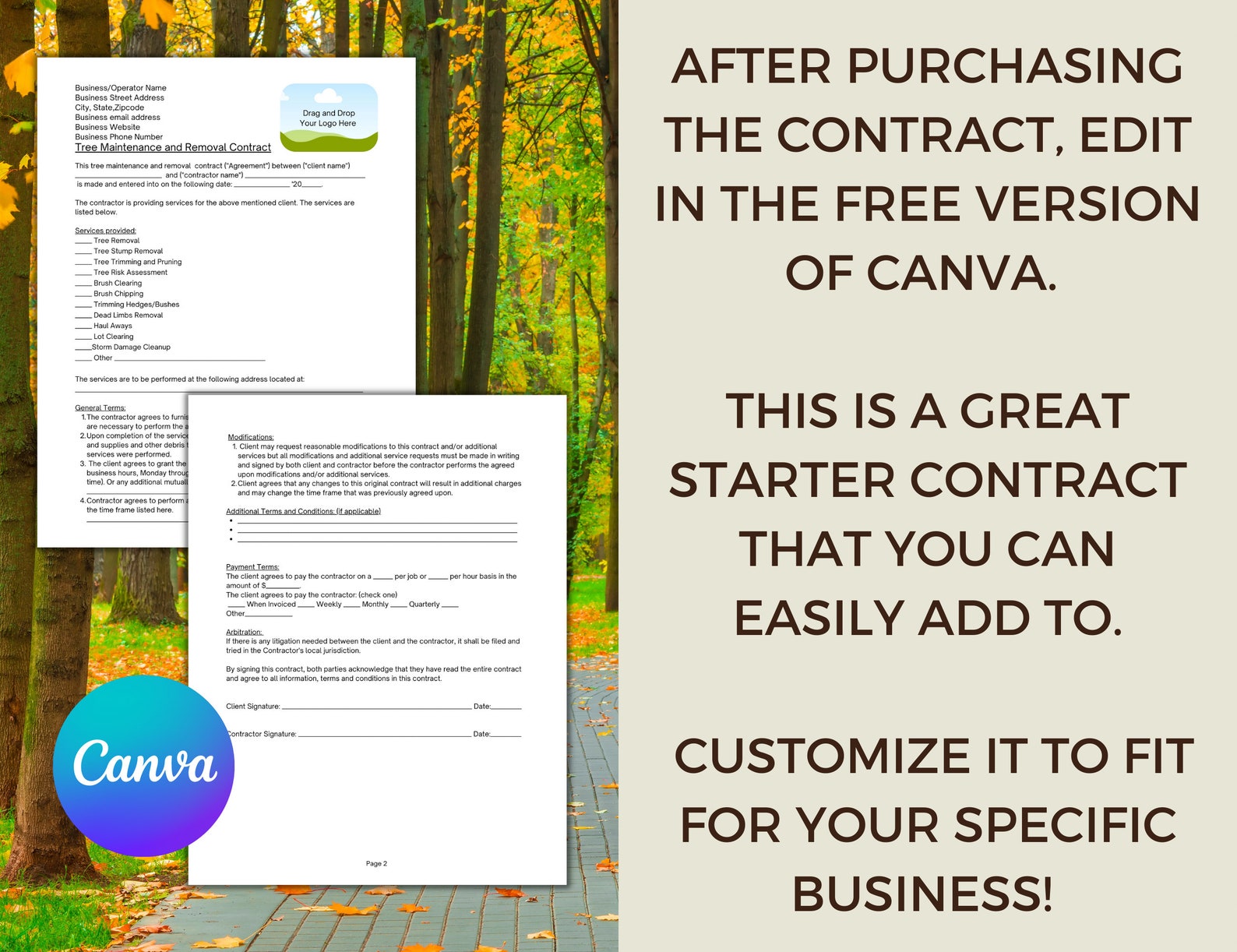 Tree Trimming Contract Template, Tree Removal Service Agreement, Canva ...