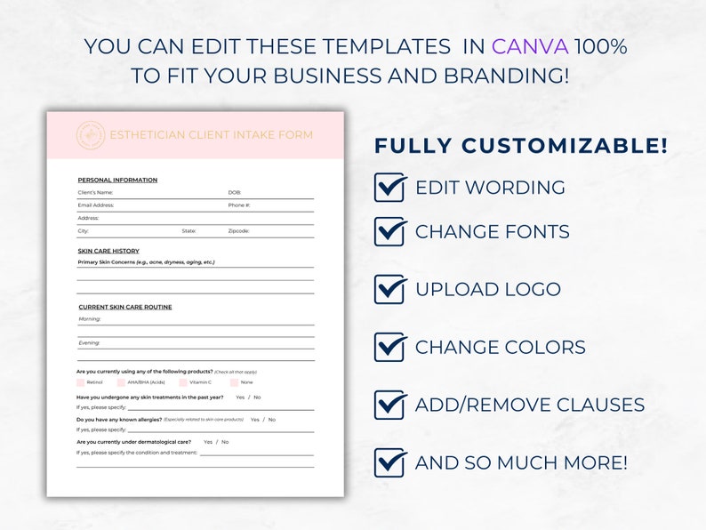 Client Intake Form for Esthetician, Client Consent Form Esthetician ...