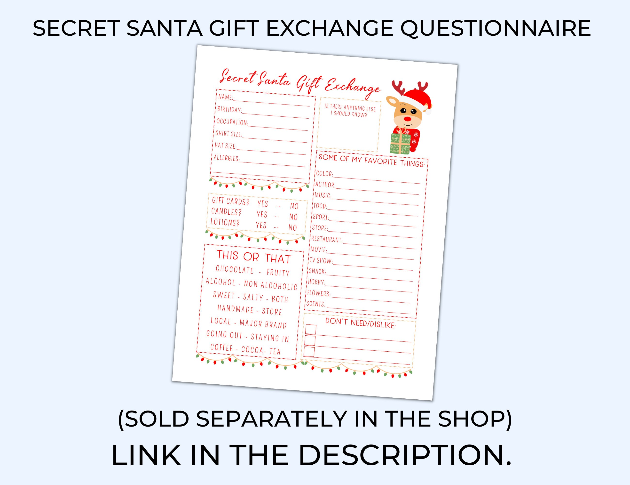 Printable Secret Santa Questionnaire, Christmas Wishlist, Christmas ...