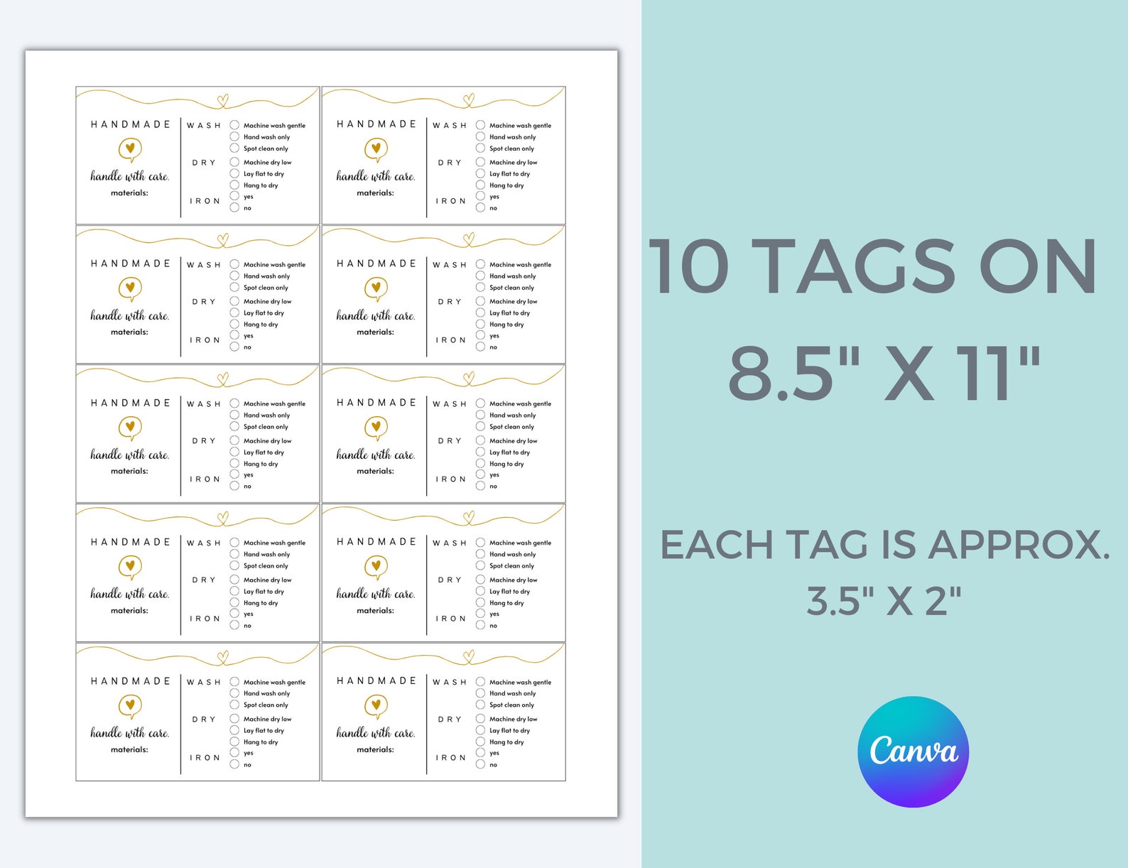 Printable Care Tag, Care Labels, Handmade for You, Washing Instructions ...