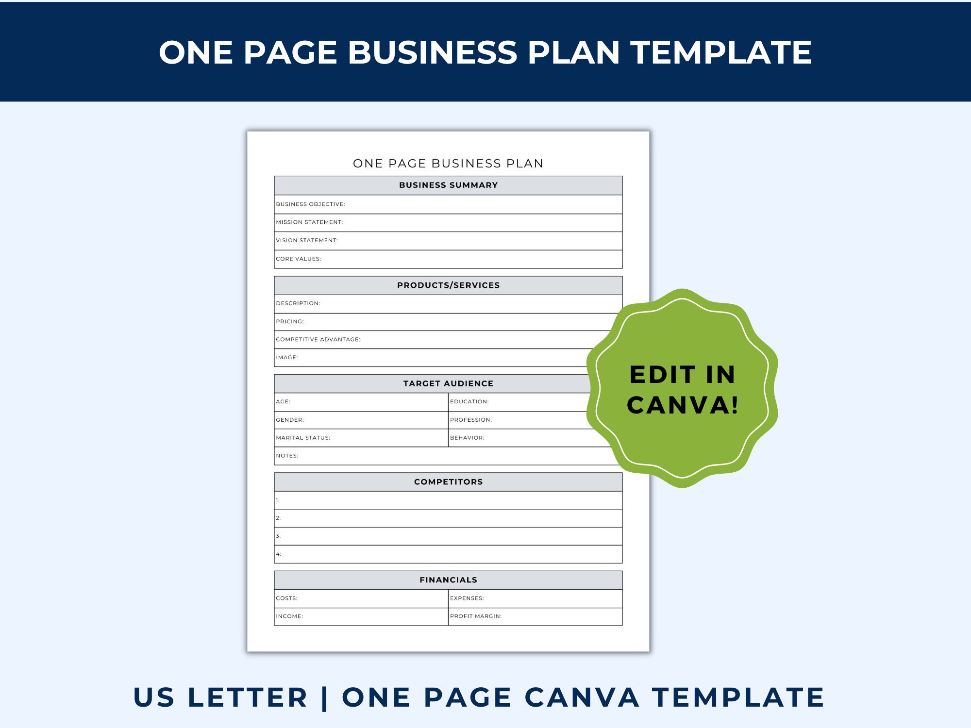 One Page Business Plan Template, Small Business Plan Canva, Starting a ...