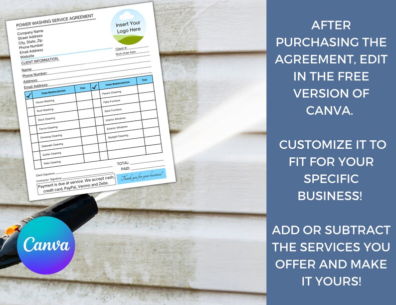 Power Washing Service Agreement, Pressure Washing Service, Editable ...