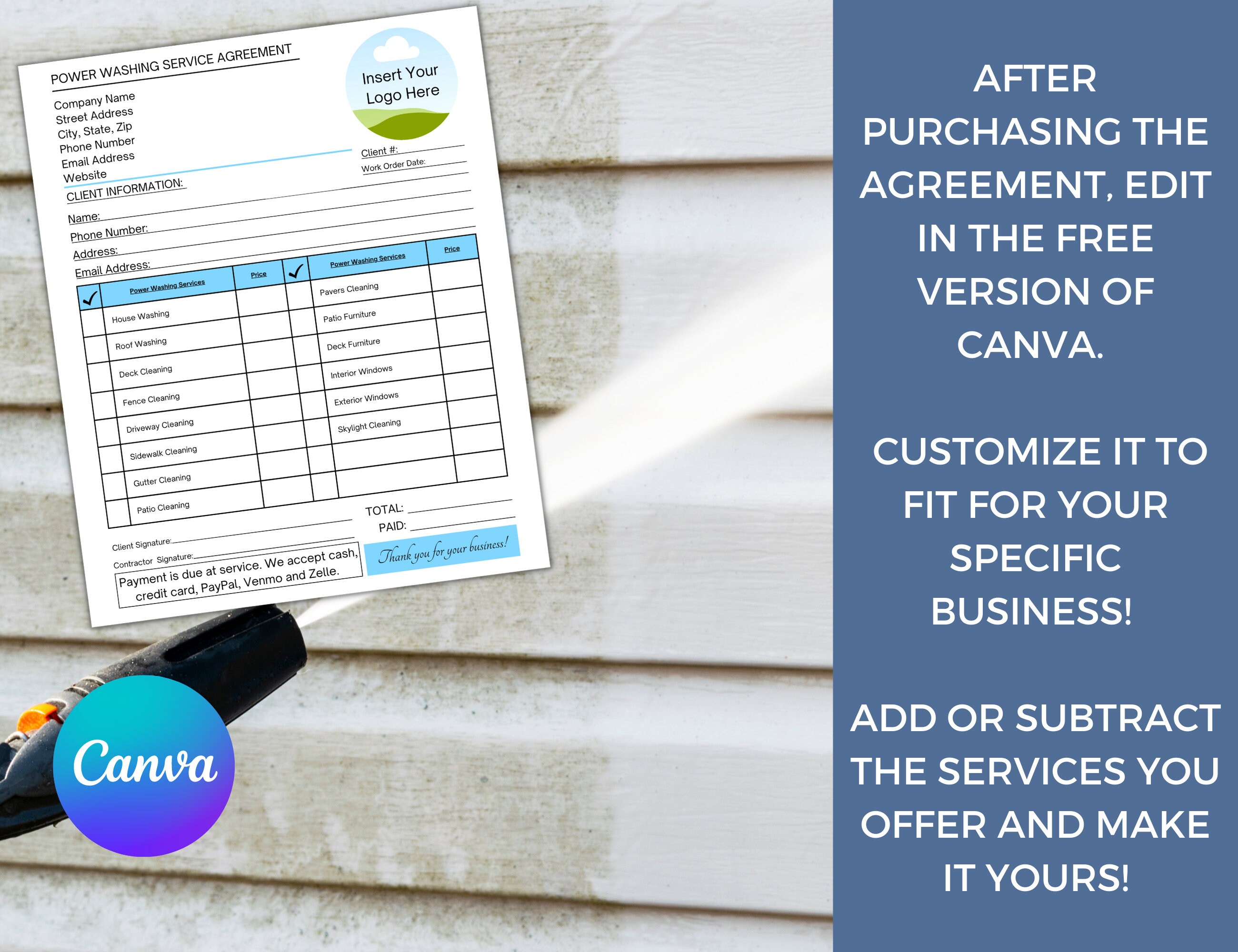 Power Washing Service Agreement, Pressure Washing Service, Editable ...