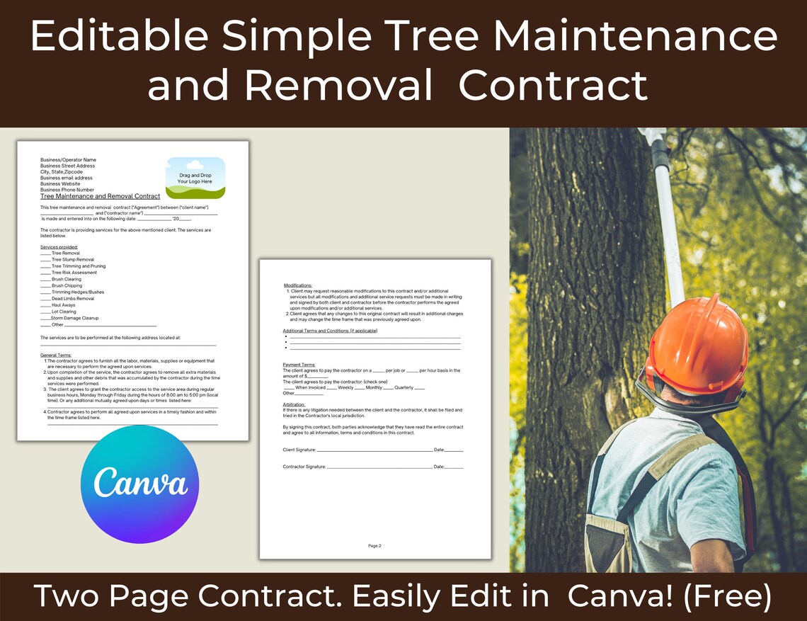 Tree Trimming Contract Template, Tree Removal Service Agreement, Canva ...