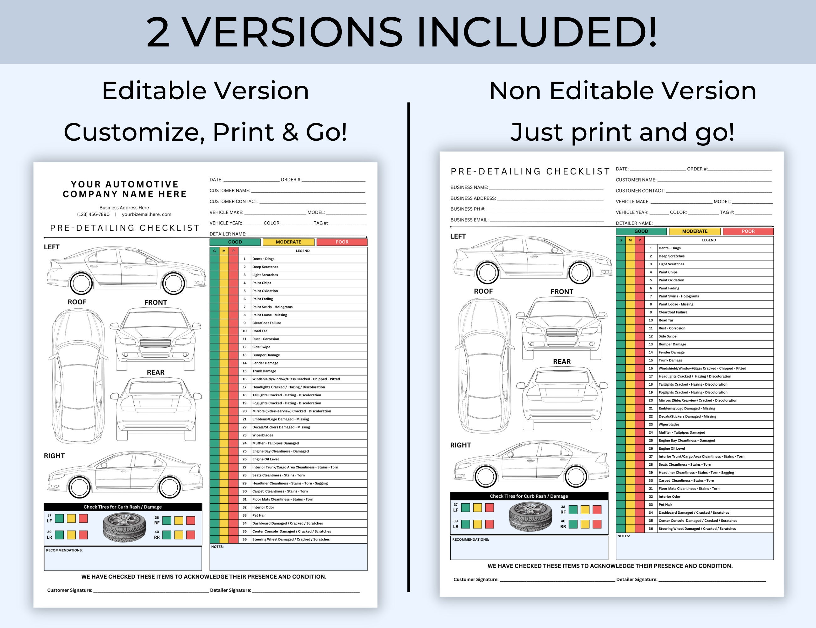 Pre-detailing Vehicle Inspection Checklist, Editable Checklist Template ...
