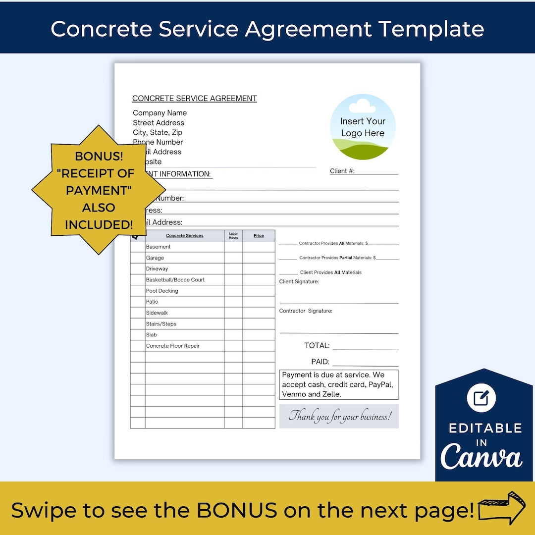 Concrete Service Agreement, Cement Service Agreement, Editable Template ...