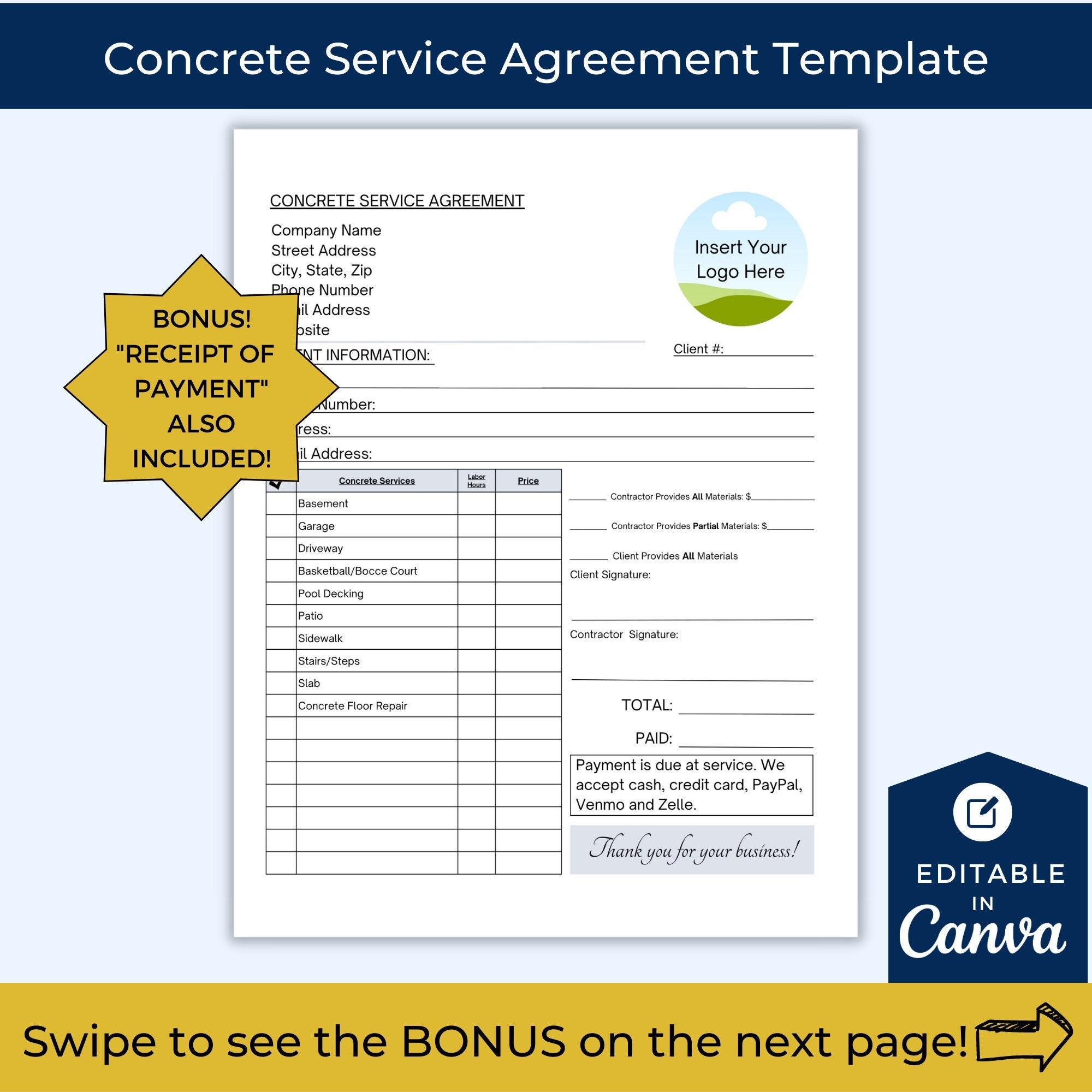Concrete Service Agreement, Cement Service Agreement, Editable Template ...