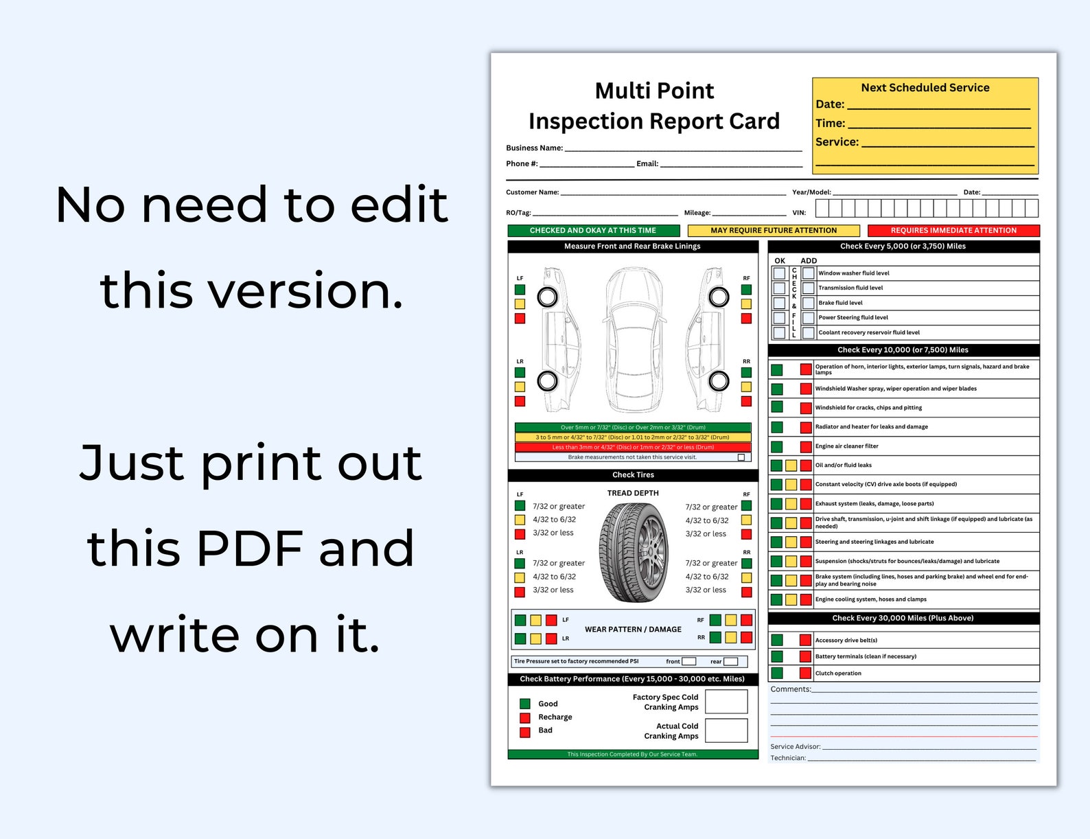 Visual Vehicle Inspection Report Card, Editable PDF Multi-point Vehicle ...