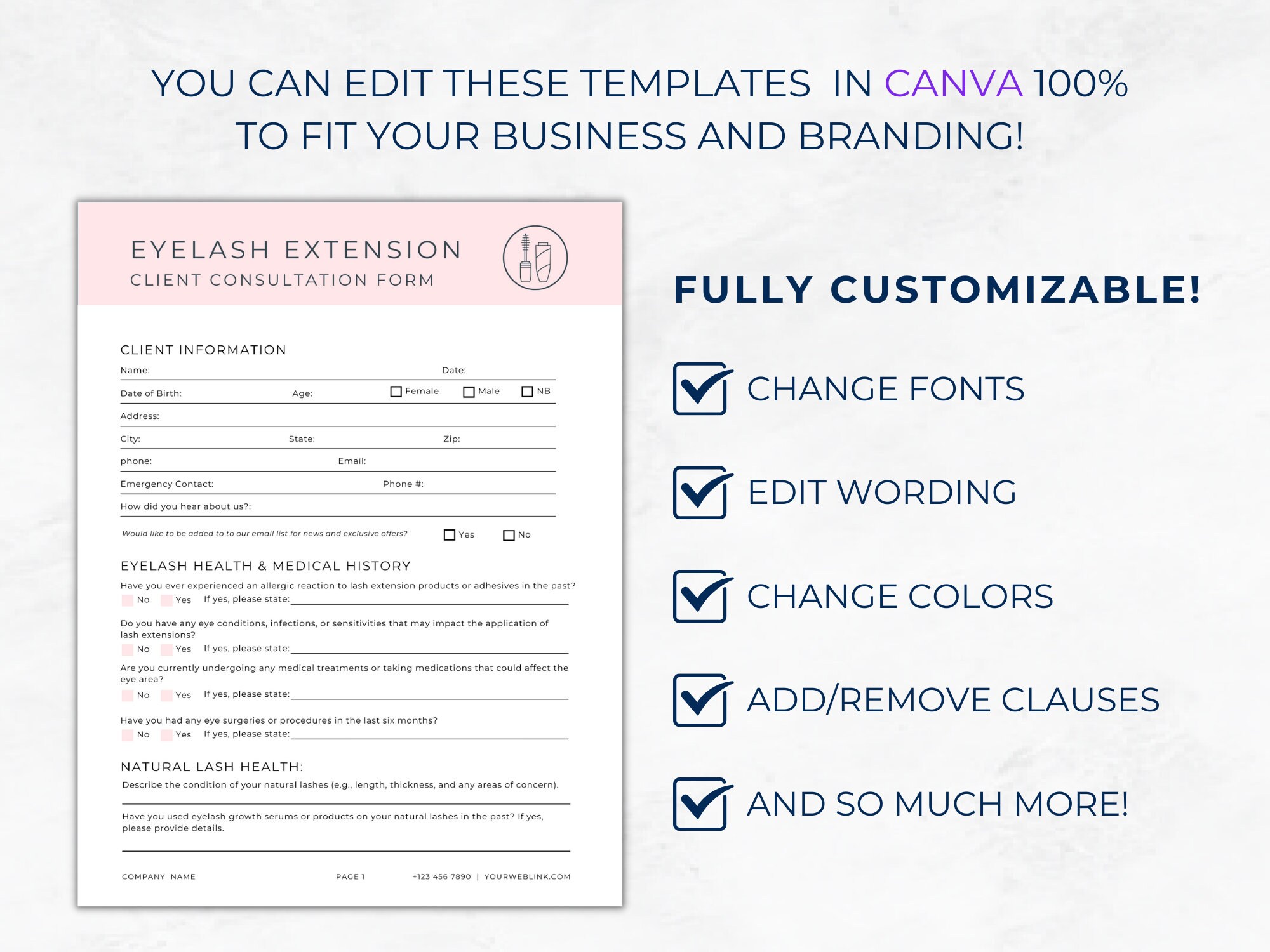 Eyelash Extension Consent Form Bundle, Eyelash Extension Client Intake ...