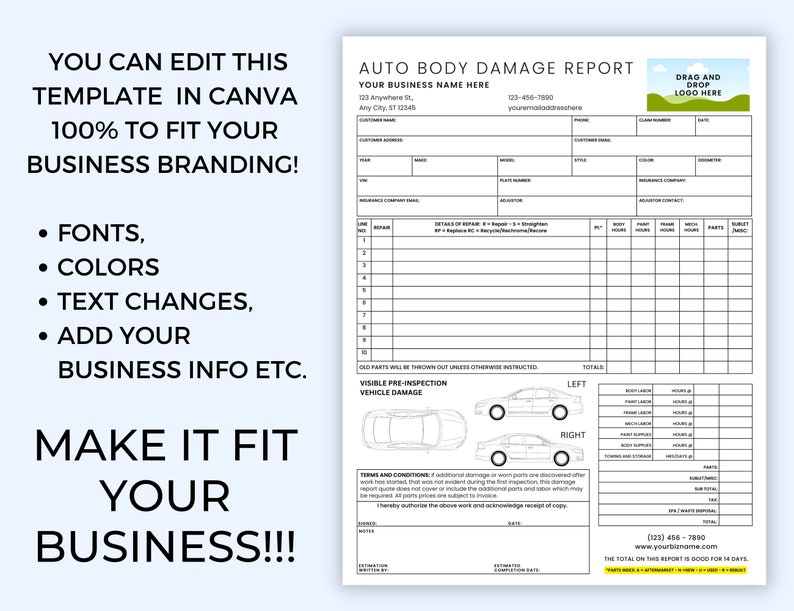 Auto Body Damage Report, Editable Estimation Template, Car Repair Quote ...