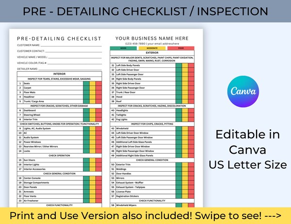 Pre-detailing Vehicle Inspection Checklist Form - Etsy Canada