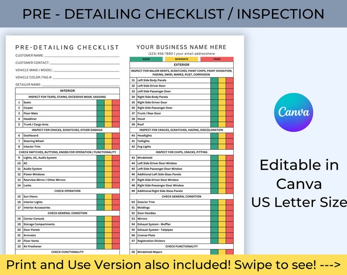 Pre-detailing Vehicle Inspection Checklist Form - Etsy Canada