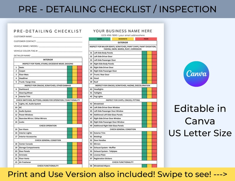 Pre-detailing Vehicle Inspection Checklist, Editable Checklist Template ...