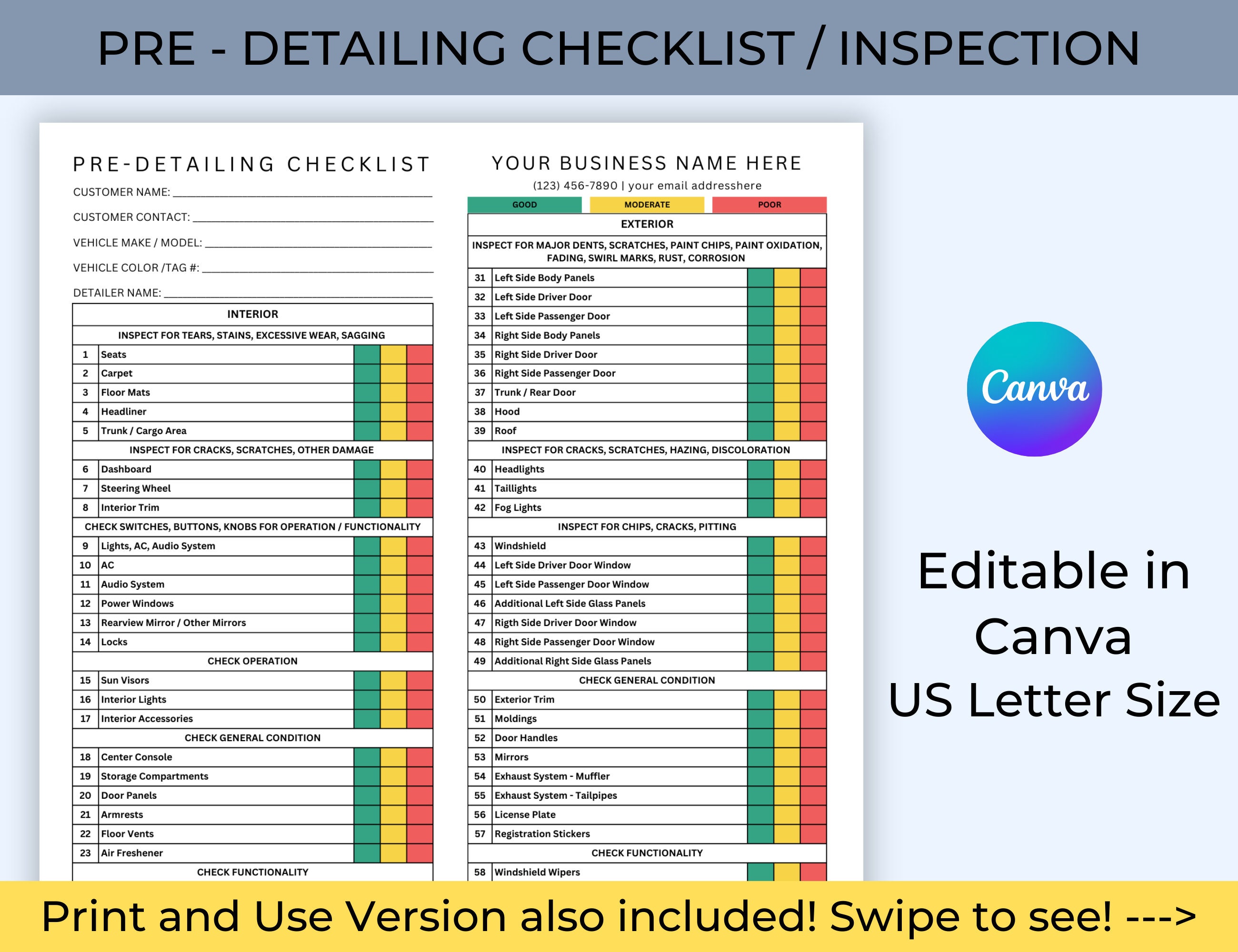 Pre-detailing Vehicle Inspection Checklist, Editable Checklist Template ...