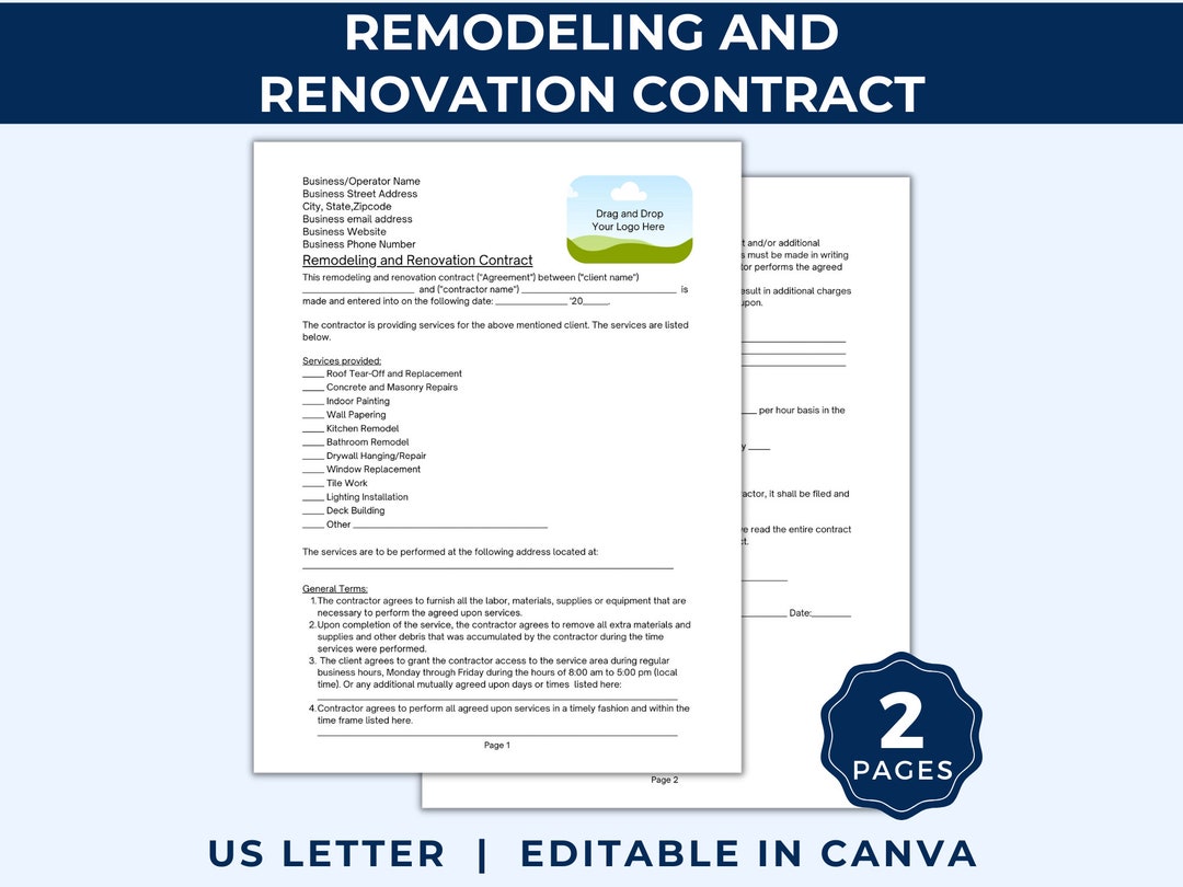 Remodeling Contract, Renovation Contract, Editable Template, Home ...