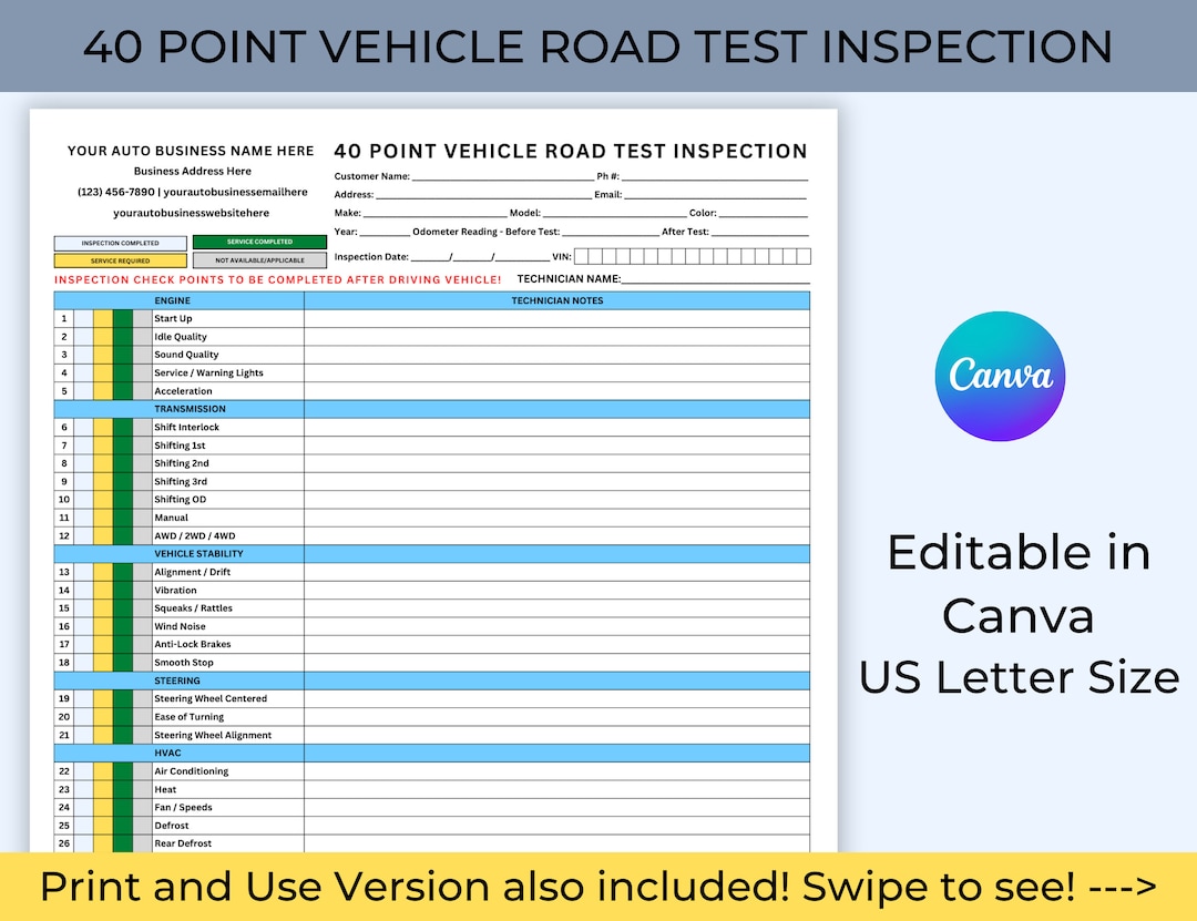40 Point Vehicle Road Test Inspection Checklist, Editable Template ...