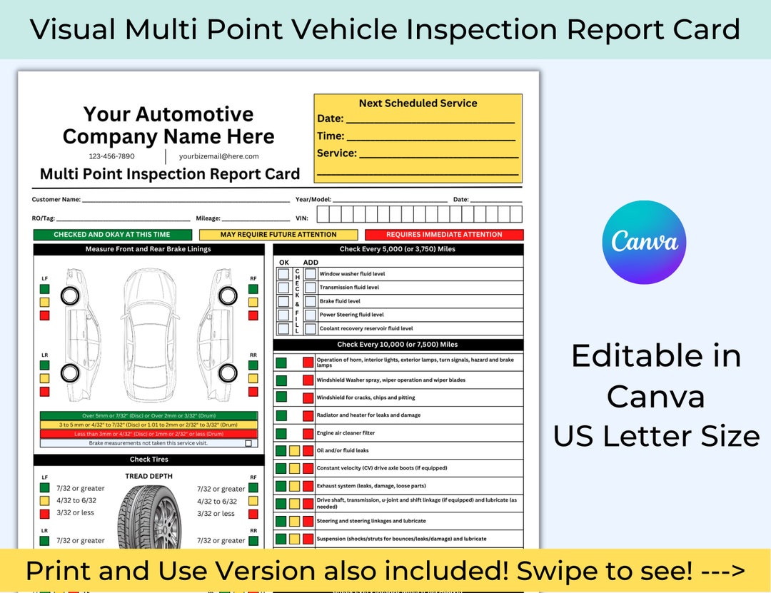 Visual Vehicle Inspection Report Card, Editable PDF Multi-point Vehicle ...