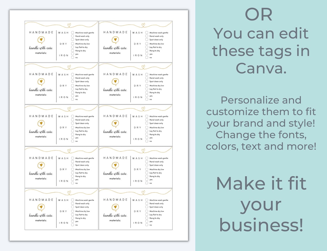 Printable Care Tag, Care Labels, Handmade for You, Washing Instructions ...