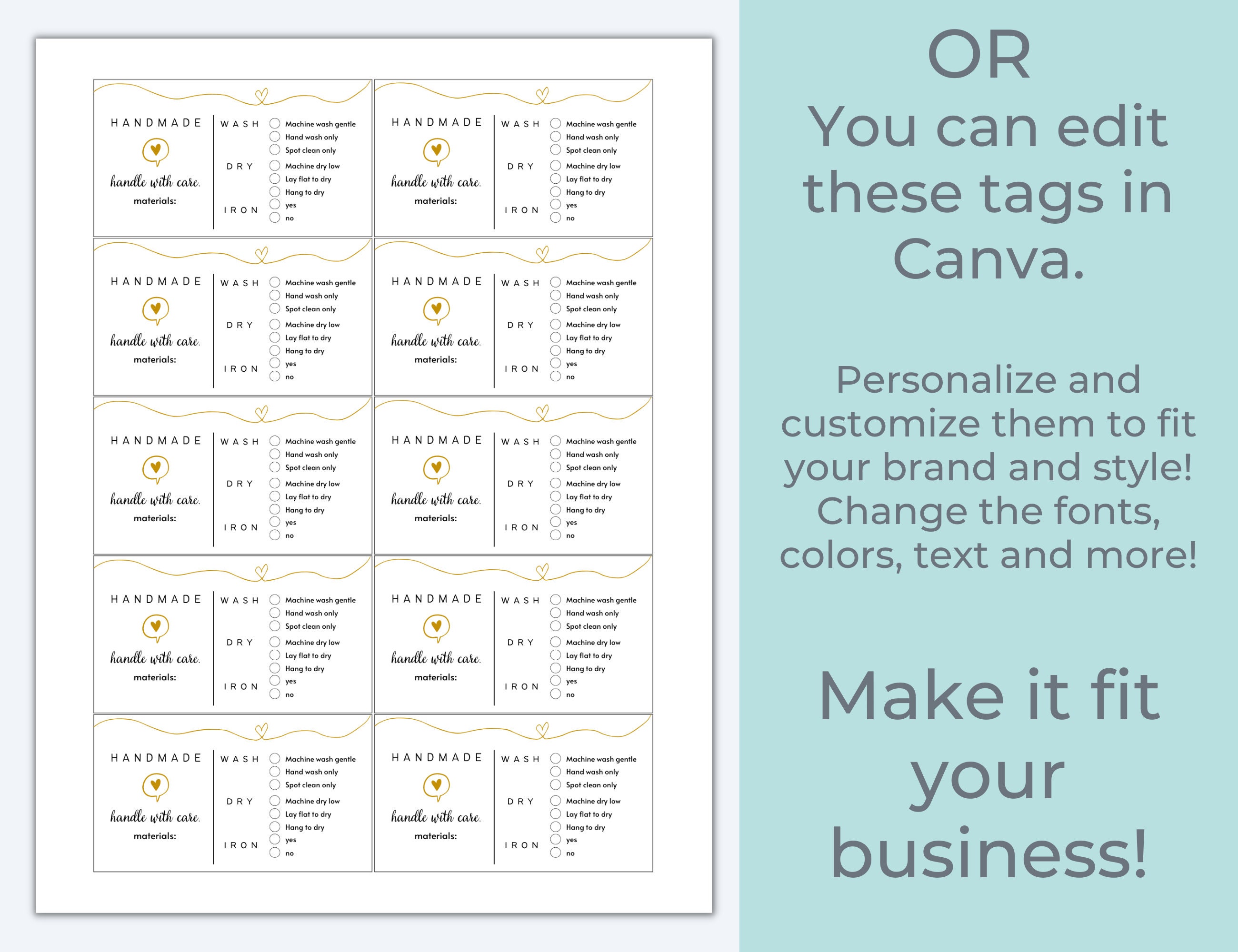 Printable Care Tag, Care Labels, Handmade for You, Washing Instructions ...