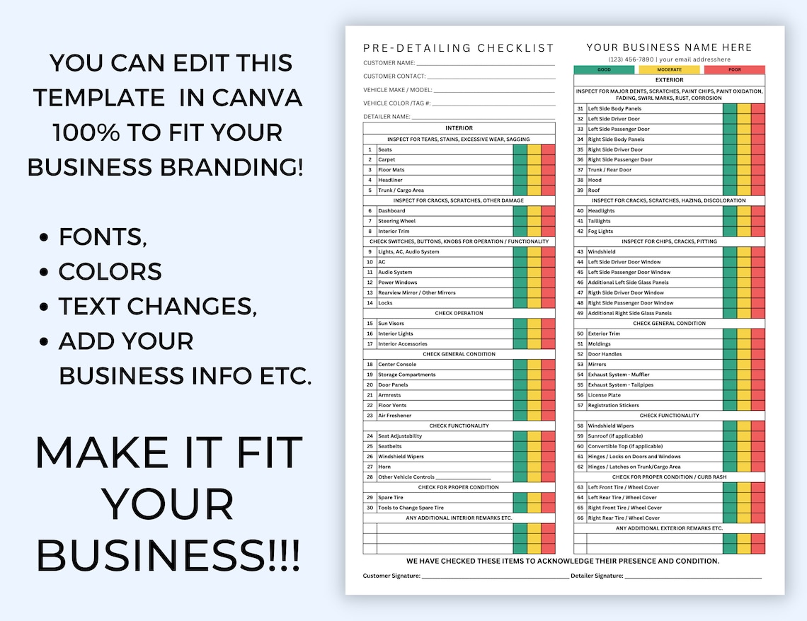 Pre-detailing Vehicle Inspection Checklist, Editable Checklist Template ...