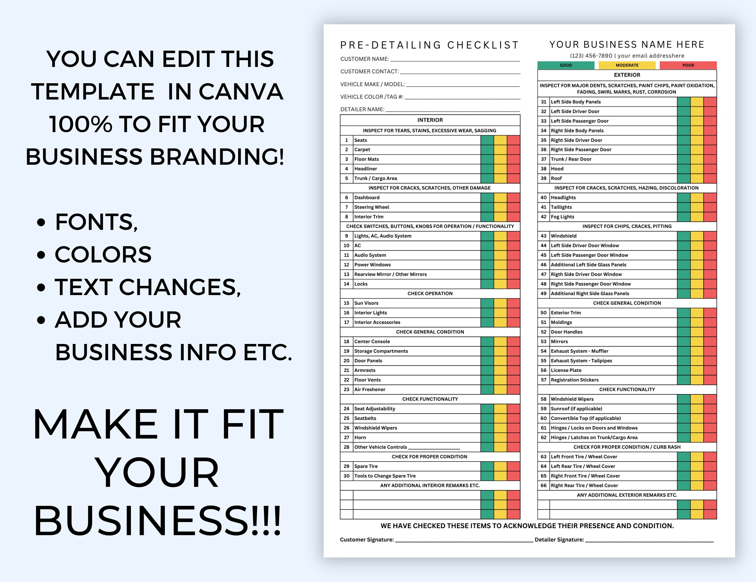 Pre-detailing Vehicle Inspection Checklist, Editable Checklist Template ...