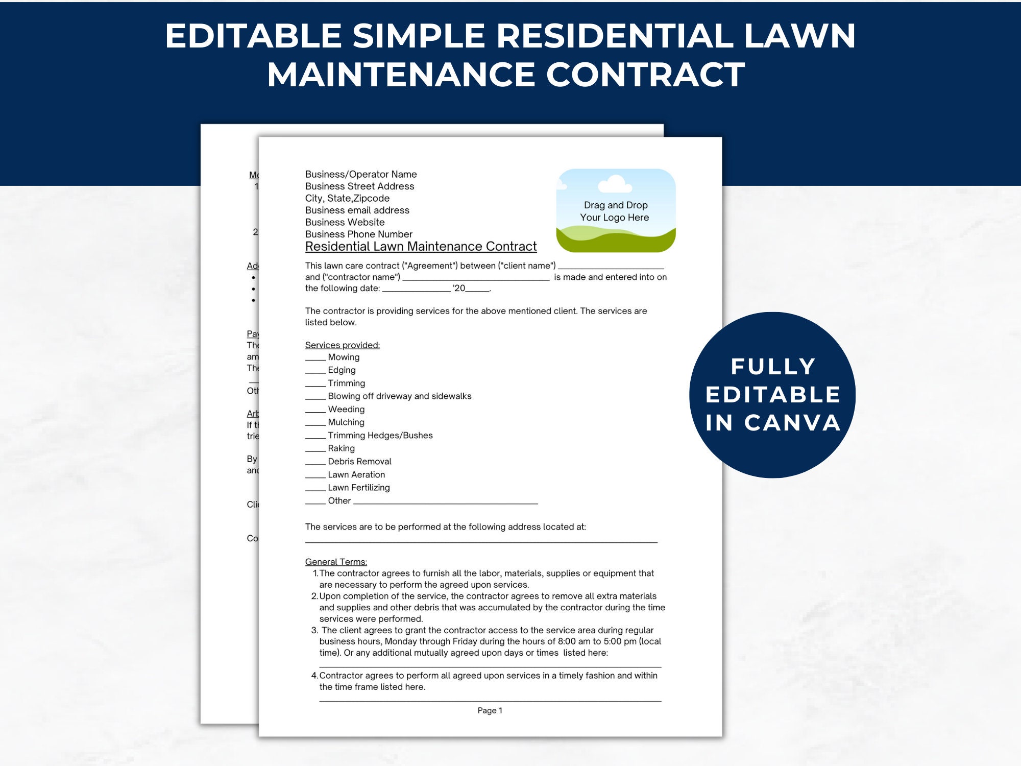 Residential Lawn Maintenance Contract, Editable Lawn Mowing Contract ...