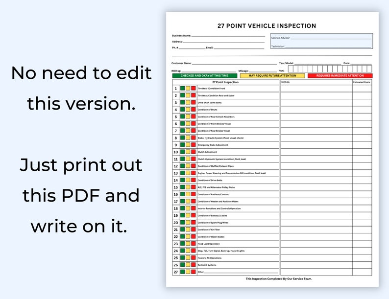 Vehicle Inspection Checklist, 27 Point Vehicle Inspection Checklist ...