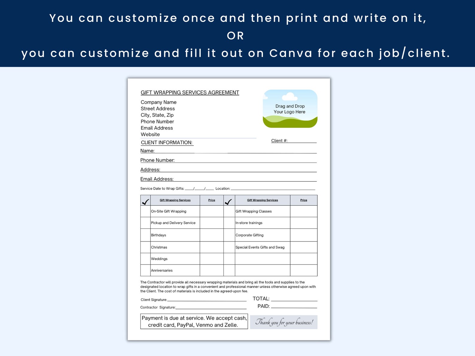 Gift Wrapping Service Agreement, Present Wrapping Service, Editable ...