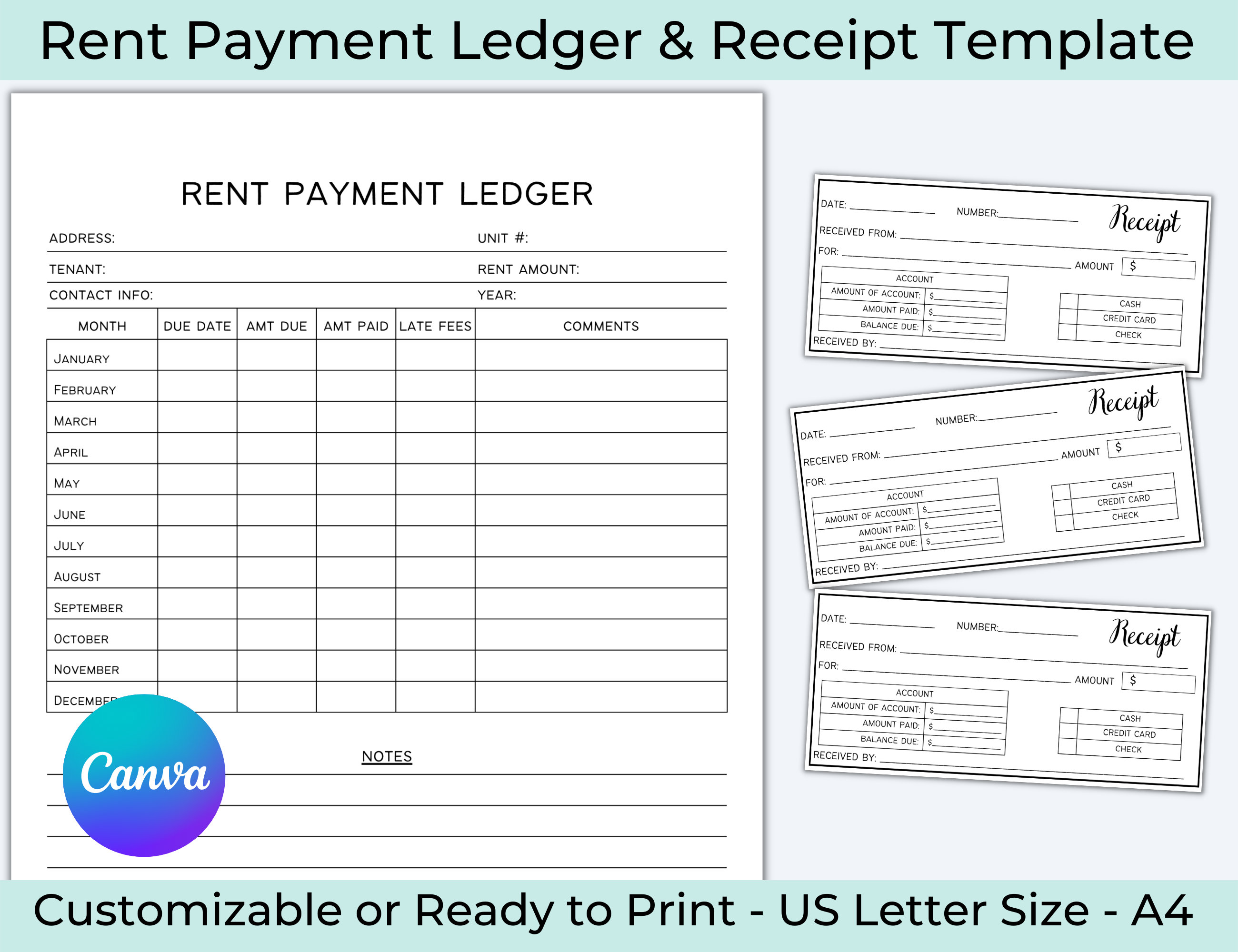 Printable Rent Payment Ledger, Monthly Rent Payment, Landlord Ledger ...