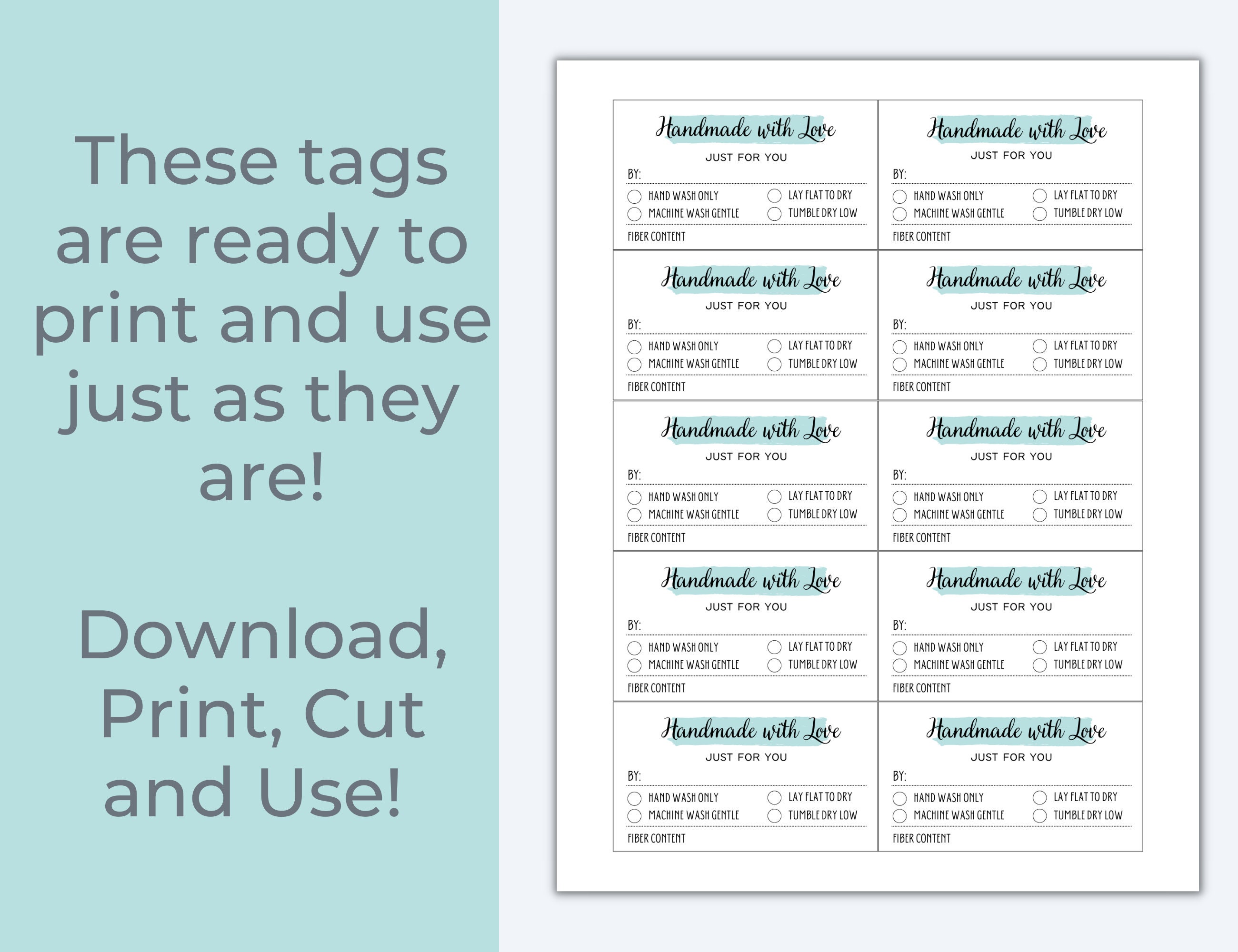 Printable Care Tag, Care Labels, Handmade for You, Washing Instructions ...