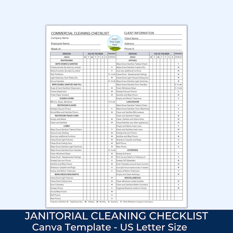 Cleaning Checklist Template, Janitorial Cleaning Business, Commercial ...