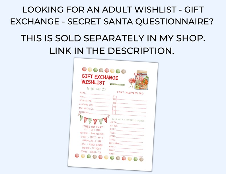 Printable Secret Santa Questionnaire, Christmas Wishlist, Christmas ...