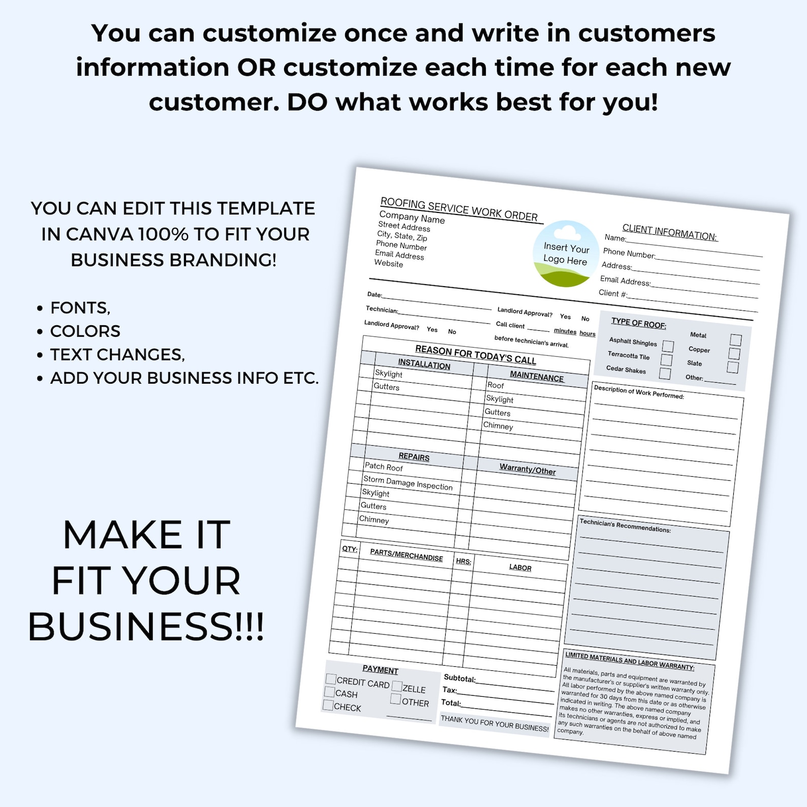 Roofing Service Work Order, Roofing Business Templates, New Home ...