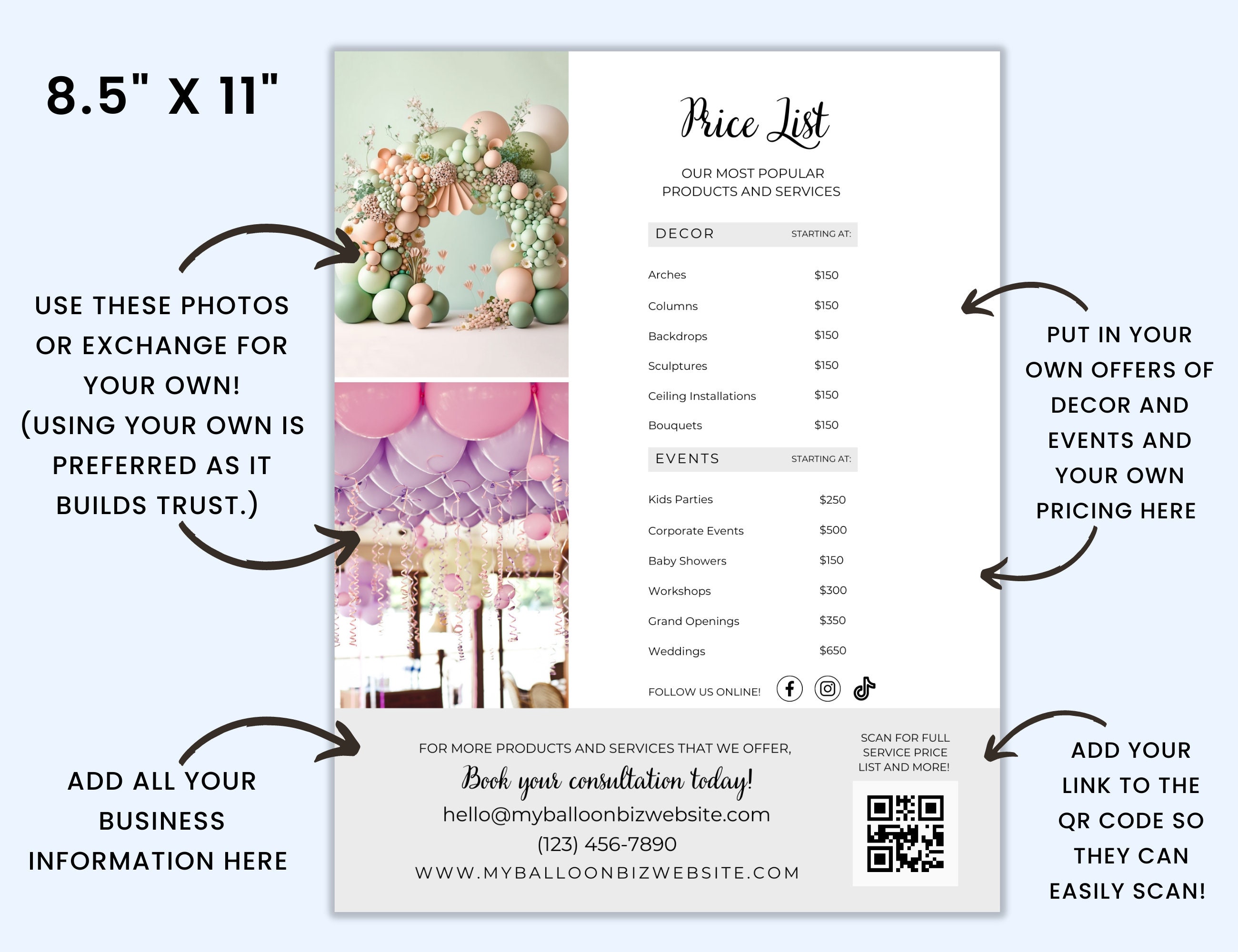 Balloon Decor Price List, Pricing Sheet, Rate Card, Flyer, Balloon ...