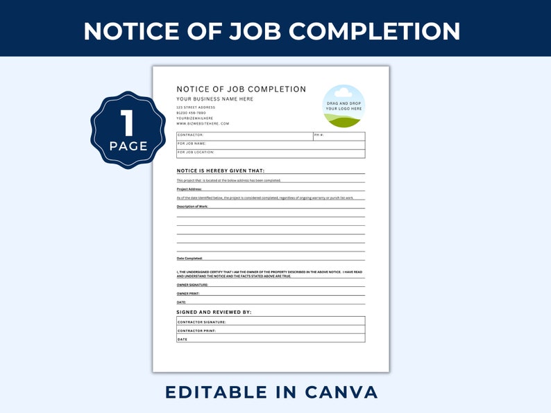Notice of Job Completion Template, Job Completion Letter, Project ...