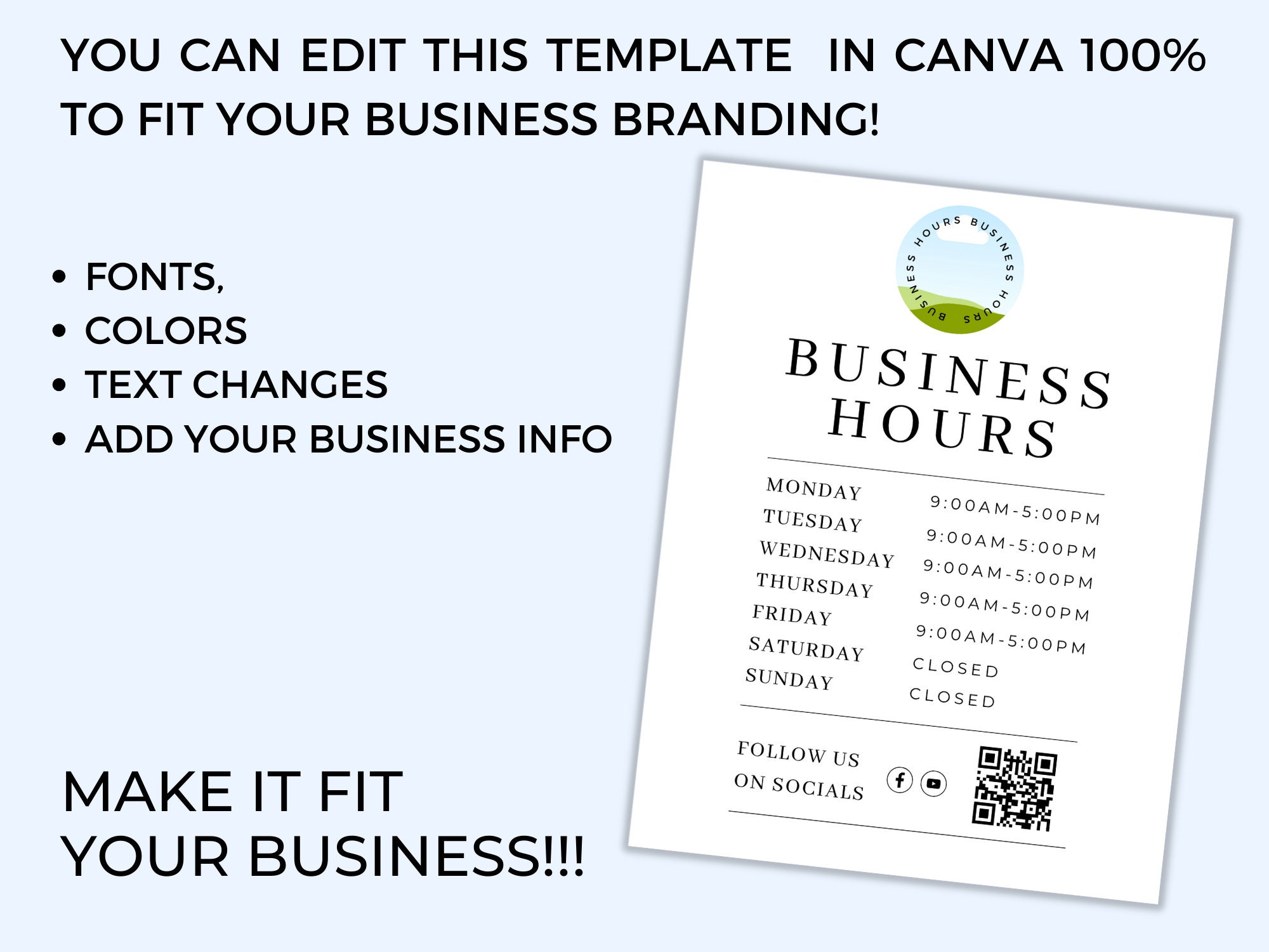 Business Hours Printable, Store Hours Editable QR Code, Store Hours ...