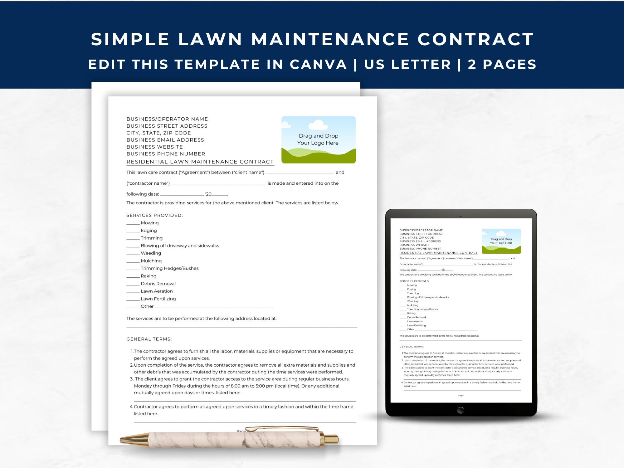 Residential Lawn Maintenance Contract, Editable Lawn Mowing Contract ...