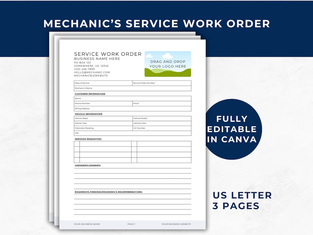 Mechanic Service Work Order, Job Order Form, Repair Job Ticket ...