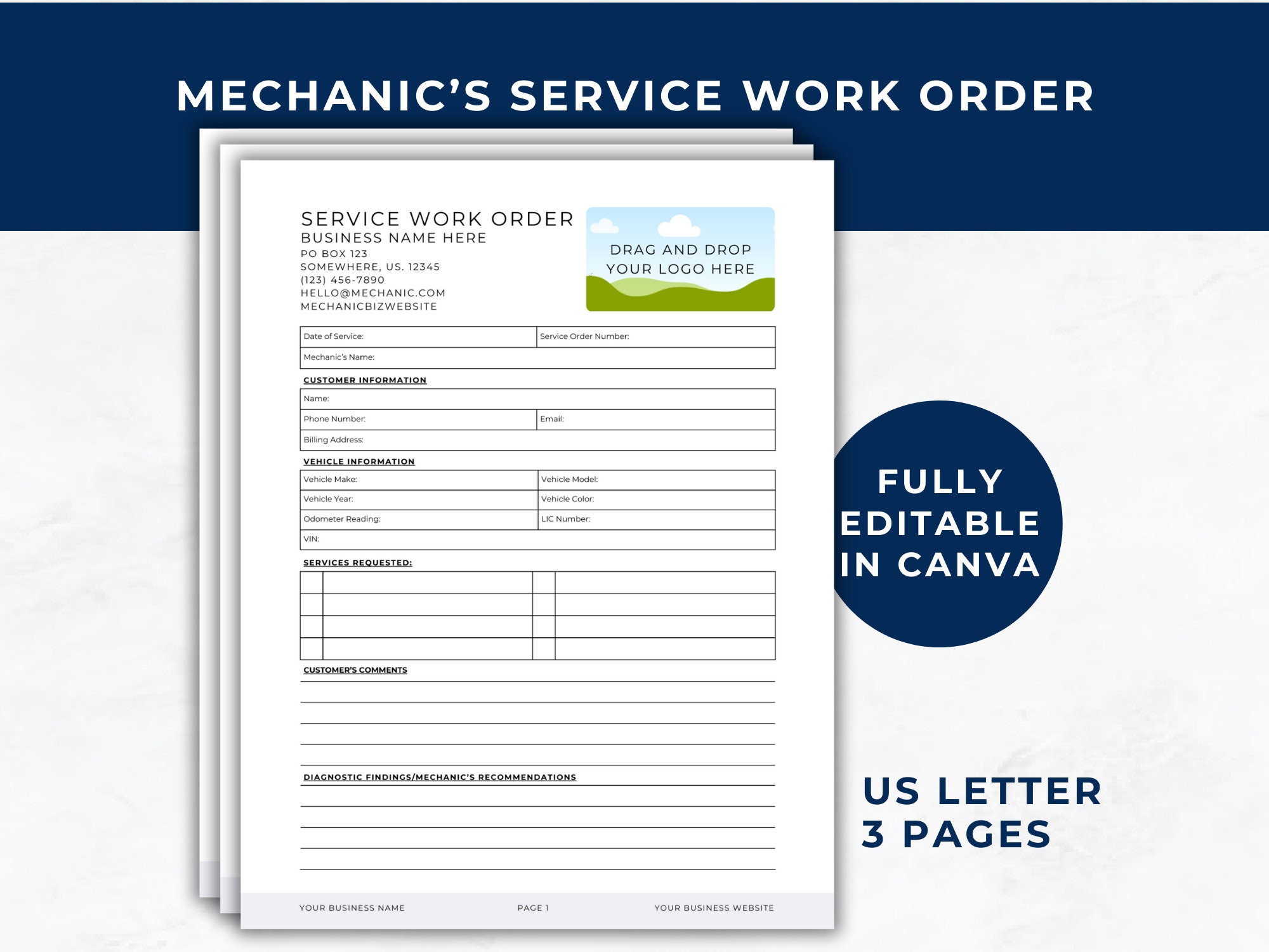 Mechanic Service Work Order, Job Order Form, Repair Job Ticket ...