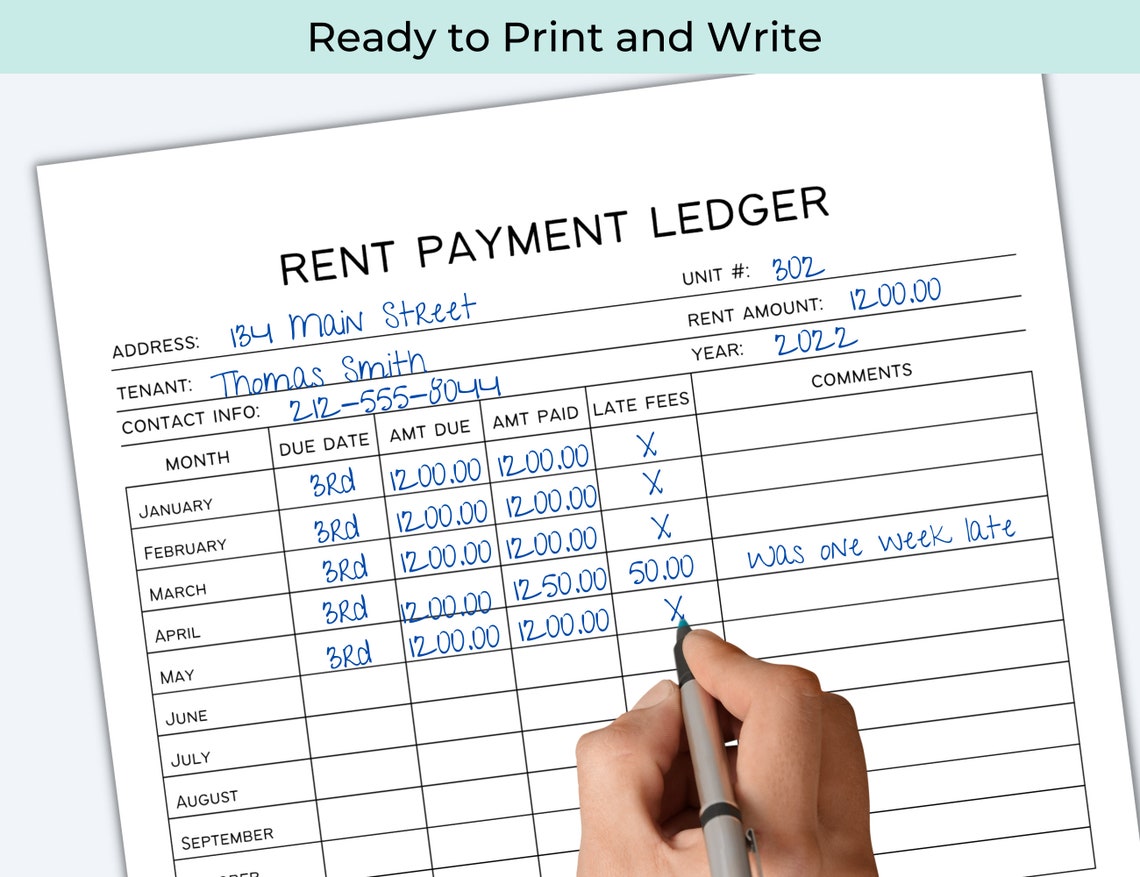 Printable Rent Payment Ledger, Monthly Rent Payment, Landlord Ledger ...