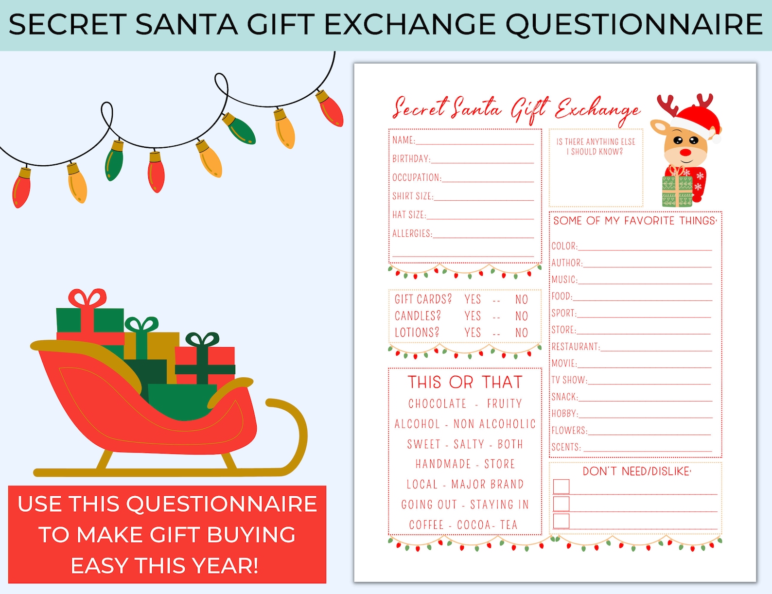 Secret Santa Questionnaire, Christmas Wishlist, Printable Gift ...