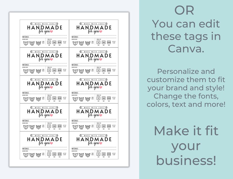 Printable Care Tag, Care Labels, Handmade for You, Washing Instructions ...