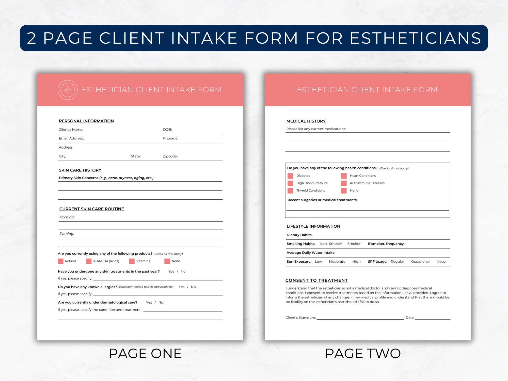 Esthetician Client Intake Form, Client Intake Form for Esthetician ...