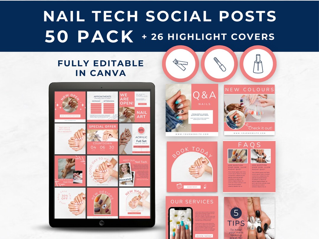 Nail Tech Content, Nail Tech Post, Coral Instagram Post Template for ...