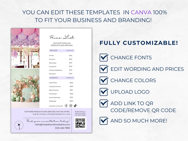 Balloon Business Price List Template, Balloon Decor Price List, Price ...