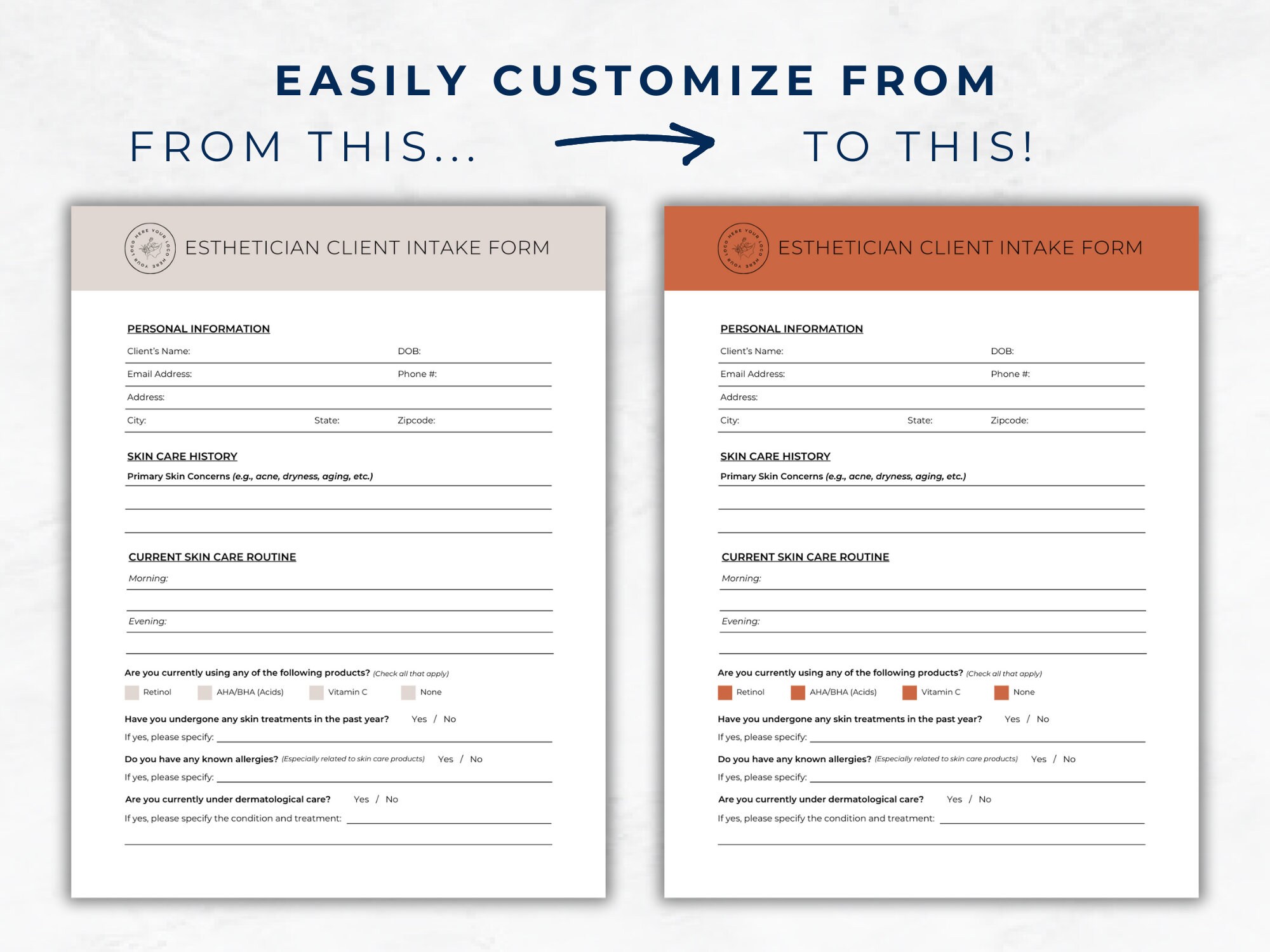 Esthetician Client Intake Form, Client Intake Form for Esthetician ...