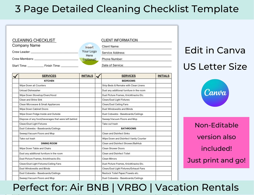 Airbnb Host Cleaning Checklist, Professional Cleaning Service, Editable ...