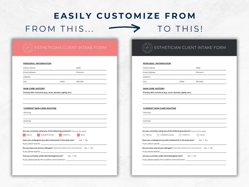 Esthetician Client Intake Form, Client Intake Form for Esthetician ...