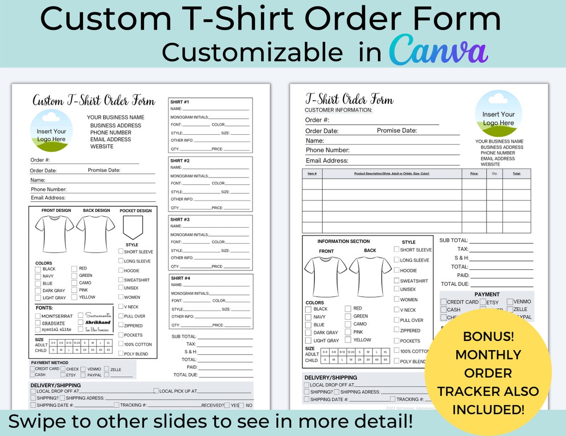 T-shirt Order Form Template, T-shirt Order Form Template Editable ...