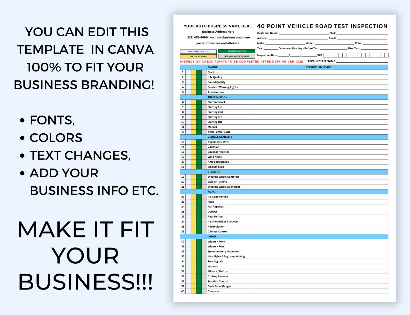 40 Point Vehicle Road Test Inspection Checklist, Editable Template ...